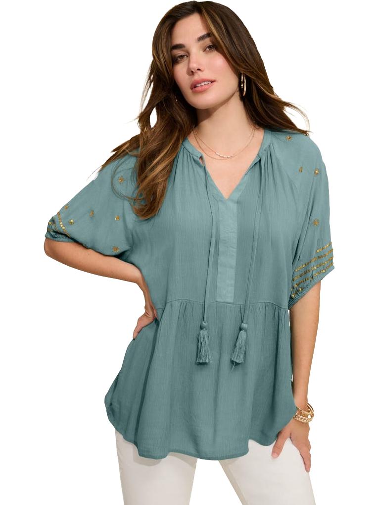 ROAMAN'S Crinkle Rayon Tie Neck Embroidered Blouse with Sequins